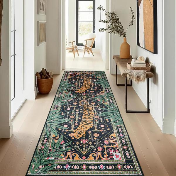 商品名:  Aldopein Oriental Tropical Hallway Runner Rug 2x8 Washable, Thin Stain Resistant Black Boho Runner Rug for Entrywa...