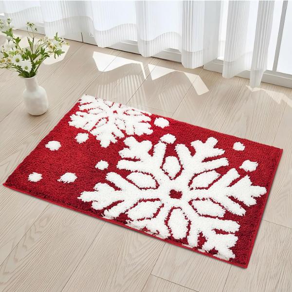 商品名: スノーフレーク レッド バスルームラグ、クリスマス キュート バスマット ノンスリップ ソフト 吸収性 面白い バスマット 洗濯可能 速乾性、24×16インチ Snowflake Red Bathroom Rugs,Christm...