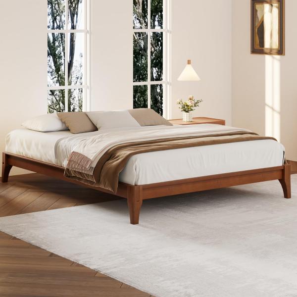 商品名:  Queen Size Japanese Wooden Bed Frame, Mid-Century Brown Wood Low Platform Bed, 10 inch Low Under Bed Storage, Mort...