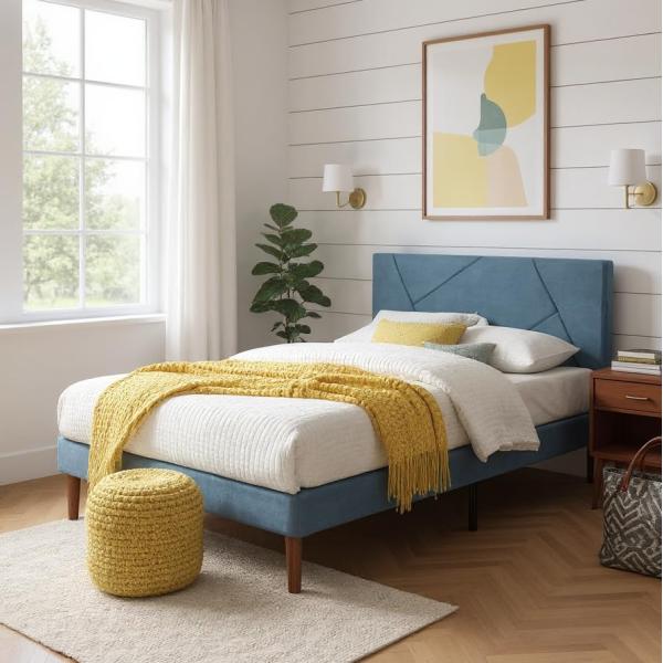 商品名:  BRGMAUS Twin Size 、Twin Bed、 Platform Bed Frame with Upholstered Headboard/Modern Design, Wood Slat Support, No Bo...