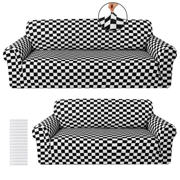 商品名: Peryiter ミルクシルクスパンデックス スリップカバー2点セット ソファ家具プロテクターカバー ソファラブシート カウチアームチェア用 フォームフィット ストレッチ しわ防止 (ブラックホワイトチェッカーボード) Peryi...