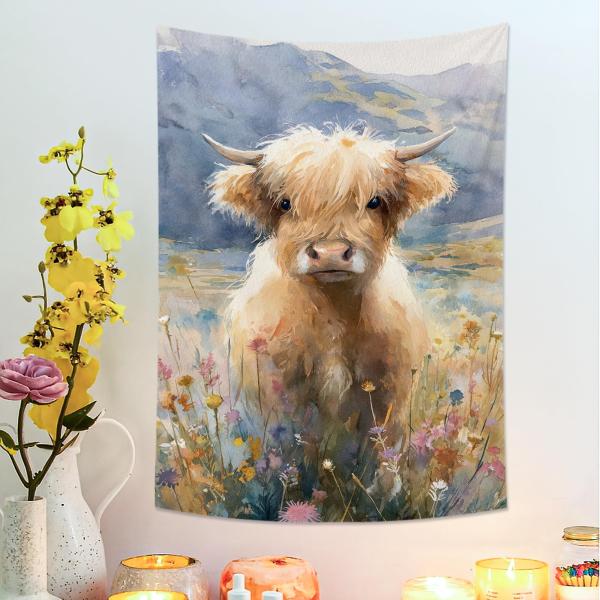 商品名:  Highland Cow Tapestry, Pastel Floral Wall Hanging for Spring, Rustic Farmhouse Decor for Living Room, Bedroom, Dor...