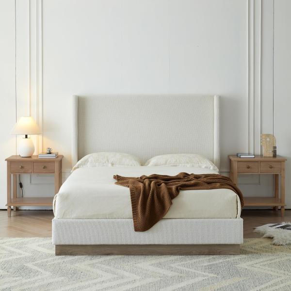 商品名:  LOONGYOON King 53.1" Tall Headboard Hosford Wingback Bed Frame Upholstered Platform Bed with Wood Base No Box Spri...