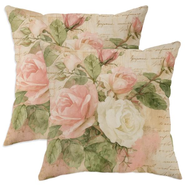 商品名:  Floral Throw Pillow Covers Set of 2, Peach and White Rose Design Cushion Cases, Vintage Decorative Square Farmhous...