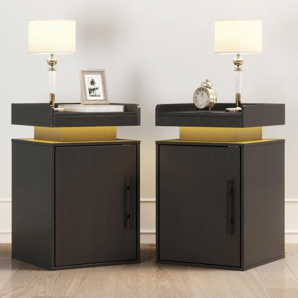 商品名: Baoz (バオズ) ベッドルーム ナイトスタンド 2個セット LEDライト付き 木製ナイトスタンド 棚とドア付き 調節可能な収納 モダンなリビングルーム ベッドサイドテーブル ベッド用サイドオープンシェルフ付き (ブラック) B...