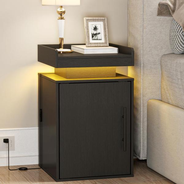 商品名: Baoz ナイトスタンド LEDライト付き - 寝室用収納キャビネットドア付きナイトスタンド - LED付きモダンエンドベッドサイドテーブル (ブラック) Baoz Bedroom Nightstand with LED Ligh...