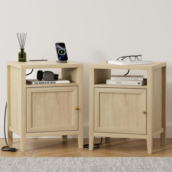 商品名: (ムームジー) MOOMJiee ファームハウス エンドテーブル 充電ステーション 2個セット 木製収納ナイトスタンド ドア&amp;オープンシェルフ付き ベッドサイドエンドテーブル ベッドサイドテーブル ベッドルーム ソファ ラ...