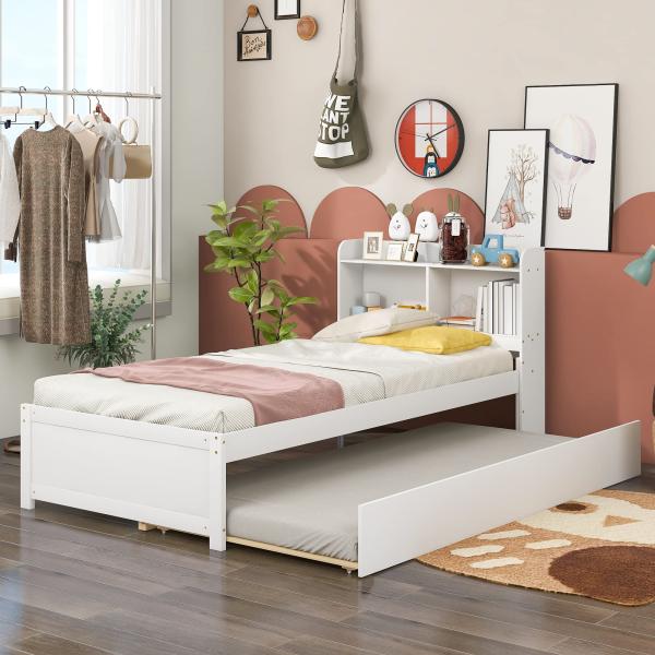 商品名:  Aurnienofus Twin Bed Frame with Trundle and Storage, Wood Kids Bed with Bookcase Headboard, Twin Size Platform Bed...