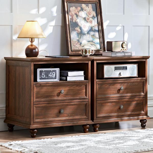 商品名: Joaxswe 幅24インチ ファームハウス ナイトスタンド 2個セット 充電ステーション付き 引き出し2つ付きエンドテーブル 寝室キャビネット用ブラウンウッドドレッサー ベッドサイドテーブル チェスト リビングルーム用ナイトスタ...