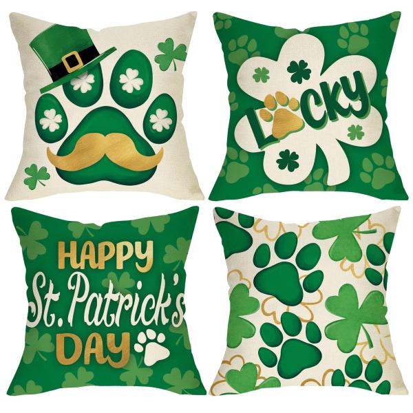 商品名: Fjfz Happy St Patricks Day 装飾用クッションカバー 18 x 18 4枚セット ゴールド ラッキー シャムロック クローバー 犬 猫 足跡 ポーチ アウトドア ホームデコ アイリッシュ 春 ソファ カウチ...