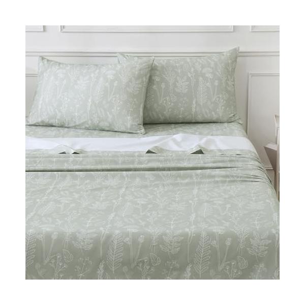 商品名: Homilay 100%オーガニックコットンパーケールシーツセット、クイーンサイズ4 PC、通気性&amp;耐久性ホテル品質の寝具、40.62cmディープポケットボタニカルフローラルベッドシーツ、セージグリーン Homilay 1...