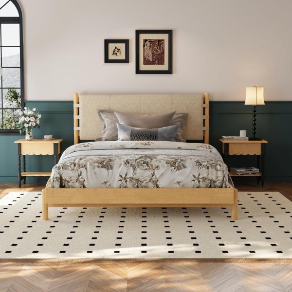 商品名:  Queen Size Beige Mid-Century Modern Platform Bed Frame - Premium Rubber Wood Build, Headboard Included, 500LBS Cap...