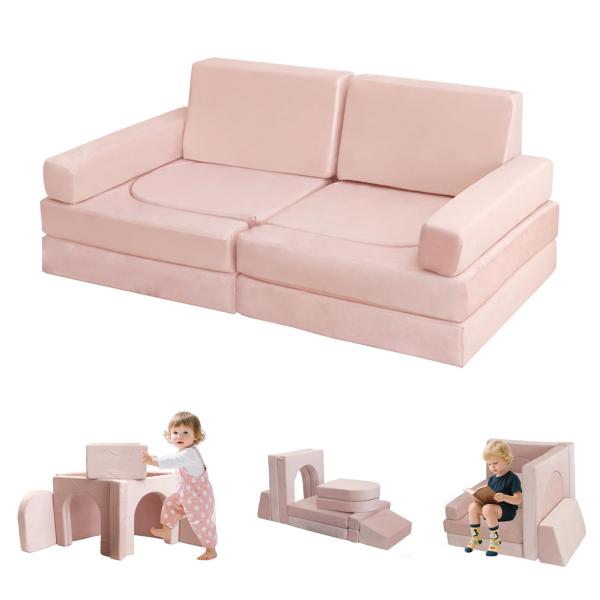 商品名: モジュラーキッズプレイソファ10個 ? 遊びの要塞としても機能する多用途のコンバーチブルフォームクッション、柔らかいベルベット生地が男の子と女の子のための子供の創造性を刺激します(ピンク) FURNAWAY 10 Pcs Modu...