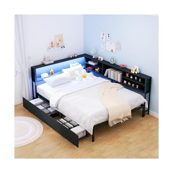 商品名:  Full Size Bed Frame with Bookcase Storage, Corner Bedframe with Storage Drawers and Led Lights, Full Daybed with U...