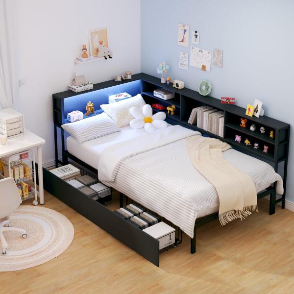 商品名:  Twin Size Bed Frame with Bookcase Storage, Corner Bedframe with Storage Drawers and Led Lights, Twin Daybed with U...