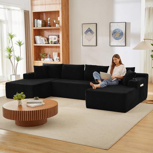 商品名: 135インチ 骨なし セクショナル クラウド カウチソファ リビングルーム用 U字型ソファ ダブル長椅子とカップホルダー付き 快適な低反発素材 ラウンジスリーパーソファ リビングルーム用 (ブラック, 135インチ U字型) 13...