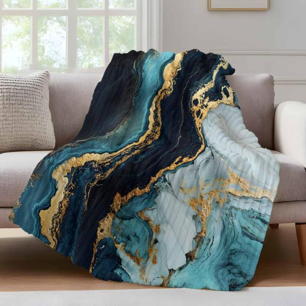 商品名:  Abstract Marble Texture Throw Blanket for Couch Teal Gold Black Modern Art Soft and Warm Flannel 3D Striped Fluffy...