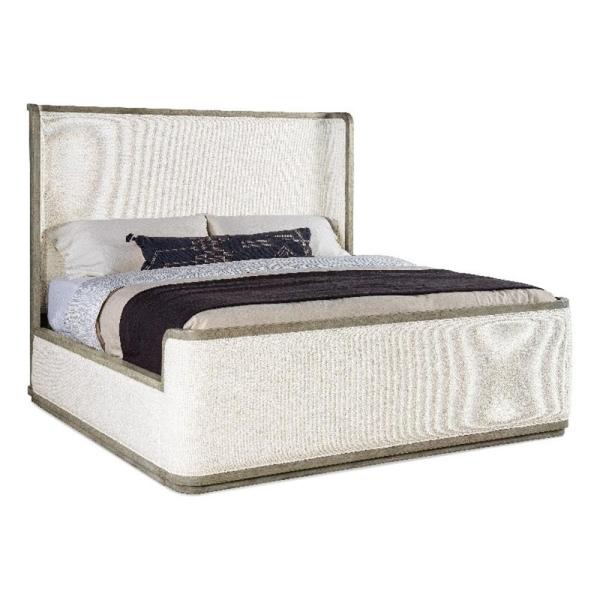 商品名:  Pemberly Row Modern Queen Upholstered Shelter Bed, Beige Fabric and Smoked Gray Wood Finish, Split Oak Solids and ...