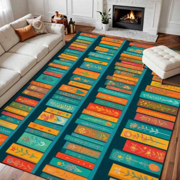 商品名:  9x12 Reading Rug for Classroom Library Colorful Illustrated Book Spines Floral Designs Vibrant Colors Washable Are...