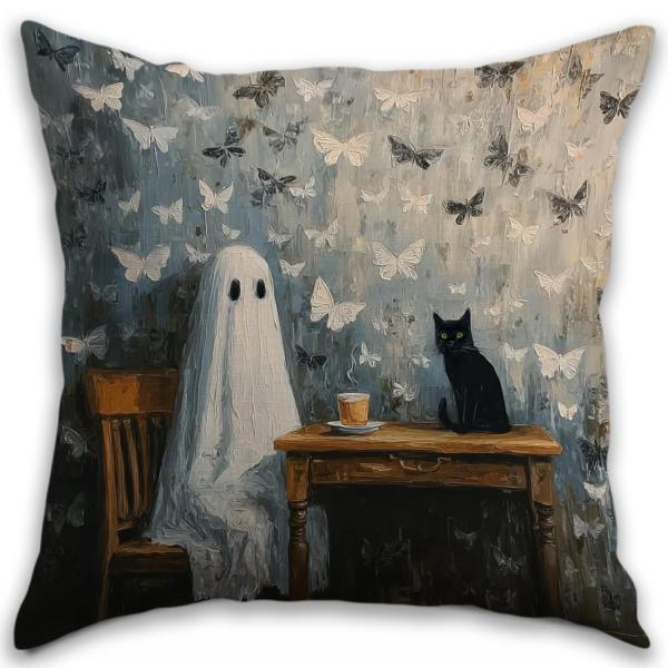 商品名: RBAFAO ビンテージ花柄プリントスローピローカバー 45.7x45.72cm - かわいい幽霊と黒猫の装飾枕カバー | 屋内 屋外 クッションケース ソファ カウチ ベッド リビングルーム 寝室 自宅用 (白&amp;グレー)...