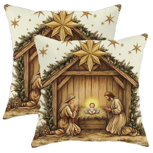 商品名:  Christmas Throw Pillow Covers Set of 2, Nativity Scene Decorative Cushion Covers, Rustic Holiday Farmhouse Decor f...