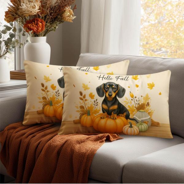 商品名: HOMETITUTE 秋用枕カバー 12x20インチ 装飾クッションケース2枚パック ダックスフント 犬 パンプキン 秋の収穫デザイン ホリデーピローケース ソファ カウチ ベッド リビングルーム ファームハウス 装飾 HOMET...