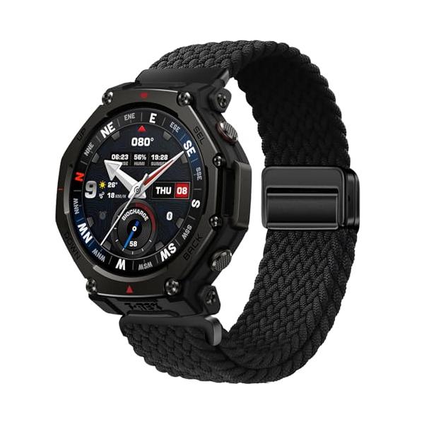 商品名: 編組腕時計バンド Amazfit T-Rex 3 Pro 48mm対応 磁気バックルストラップ 通気性 ソフトナイロン 伸縮性スポーツリストバンド T-Rex 3 Pro(48mm)用 (ブラック) Braided Watch B...