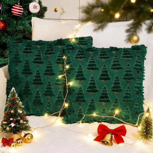 商品名: HUGOMOVA クリスマス 枕カバー 18x18インチ 2枚セット クリスマスデコレーション ソフト フラシ天 フェイクファー ウール ベージュ クリスマス ツリー スロー 枕カバー 冬 ホリデー 装飾 ソファ リビングルーム ...
