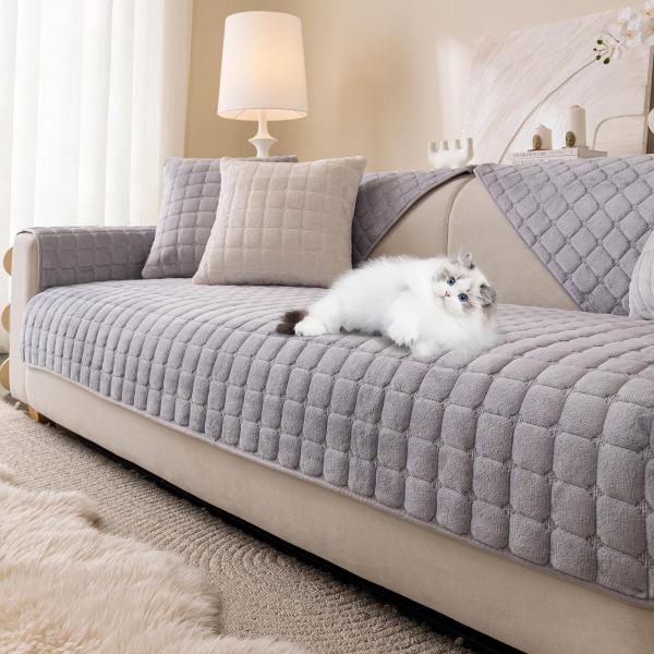 商品名: XSlive フランネルファジーカウチカバー 犬用 洗濯可能 ノンスリップセクショナルソファカバー ペットカウチカバー クッションソファ3枚用 L字型アームレスト背もたれ、ペット/子供用家具プロテクター(ライトグレー、28インチx...