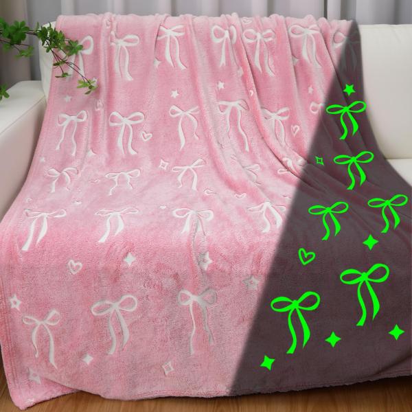 商品名: Peryiter 暗闇で光る ソフトフラシ天フランネルスローブランケット 50インチ x 60インチ かわいいピンクの蝶結び 美しいプレッピールームデコレーション 寝室の装飾、ソファ、カウチ、旅行、ベッド用 Peryiter Pi...