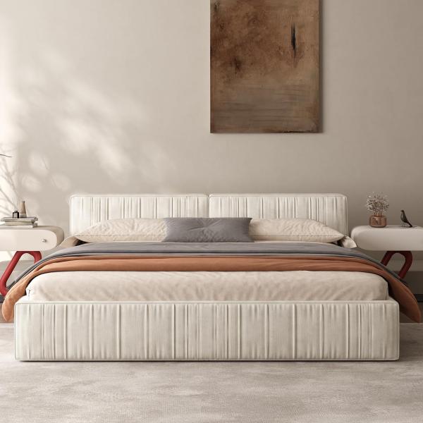 商品名:  Queen Size Chenille Platform Bed with Thick Headboard and Footboard, Block Pleated Design Style, Wooden Structure ...