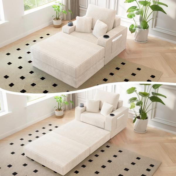 商品名:  HOMREST 59” Oversized Chaise Lounge Indoor with Foldable Ottoman, Convertible Boneless Sofa Bed, Deepened Seat Lou...