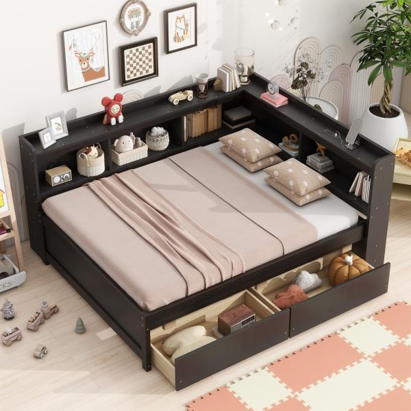 商品名:  Full Size Corner Bed with 2 Storage Drawers and Charging Station,Wooden Platform Bed with L-shaped Bookcases and H...