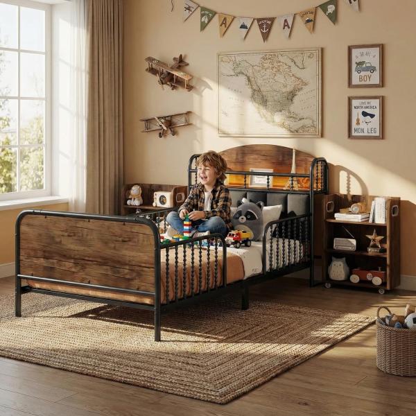 商品名:  Twin Size Kids Bed Frames with Rails and Upholstered Headboard, Metal Montessori Bed with Led Lights &amp; Pull Ou...