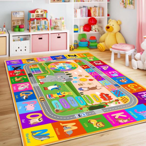 商品名: Bolacrom 子供用教育ラグ 4フィート x 5フィート キッズコレクション エリアラグ ABCアルファベット、数字、色、動物の言葉、季節を学ぶ プレイマット プレイルーム 教室 子供 女の子 男の子 部屋 Bolacrom ...
