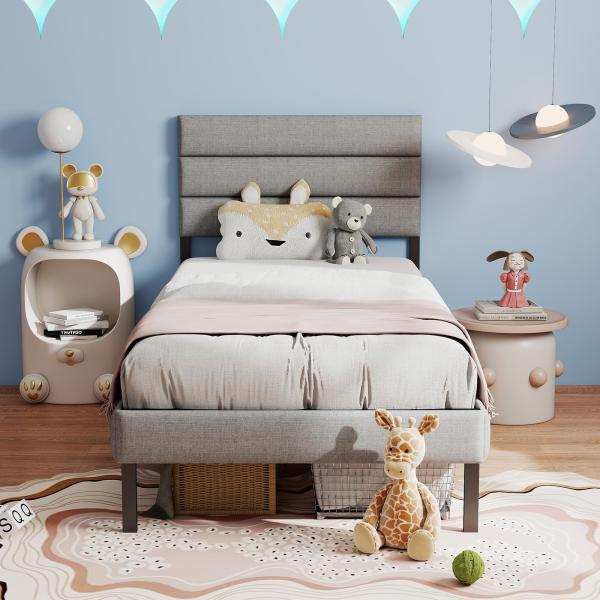 商品名:  Twin Bed Frames for Kids, Twin Size Modern Platform Bed Frame with Upholstered and Headboard, 14'' Underbed Storag...
