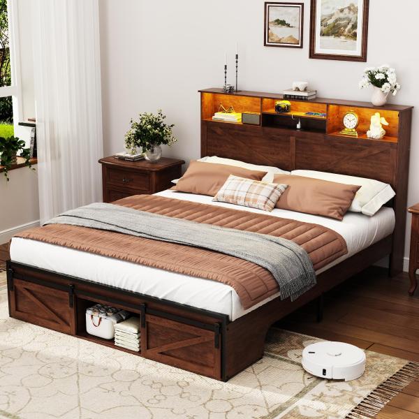 商品名:  Farmhouse Queen Bed Frame with Bookcase Storage Headboard, Charging Station and LED Lights, Wood Bed Frame Queen S...