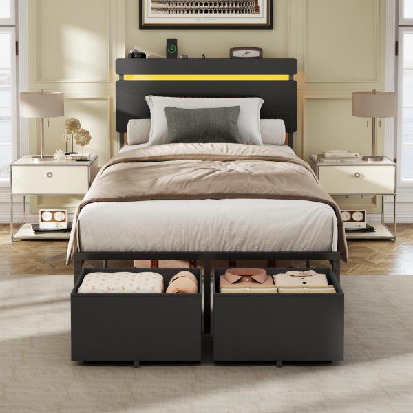 商品名: Forestell(フォレステル) ツインベッドフレーム ファブリック収納引き出し2個付き 木製収納ヘッドボード 充電ステーション&amp;LEDライト付き オールメタルサポートシステム ノイズなし ボックススプリング不要 組立簡...