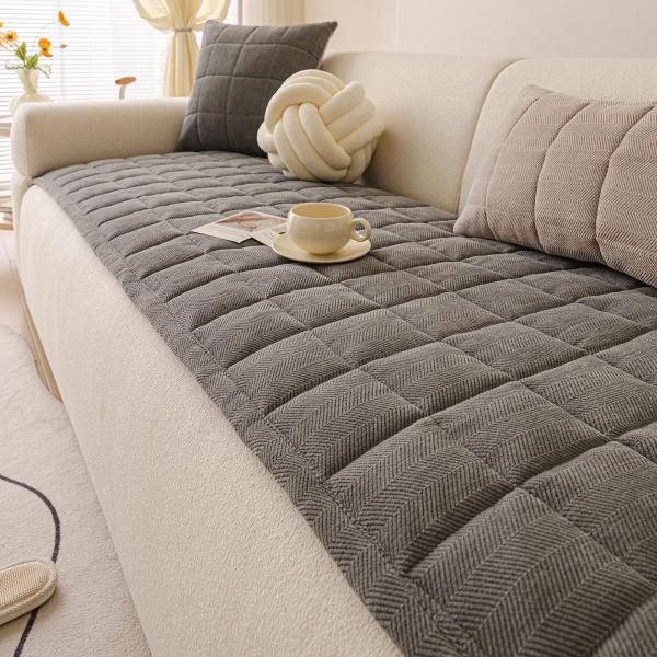 商品名: vctops ソフト シェニール カウチカバー 3 クッション カウチ ヘリンボーン 格子柄 キルト ソファカバー 犬用 洗濯可能 ノンスリップ ソファ スリップカバー 家具プロテクター ペットに優しいマットベッド (グレー、28...