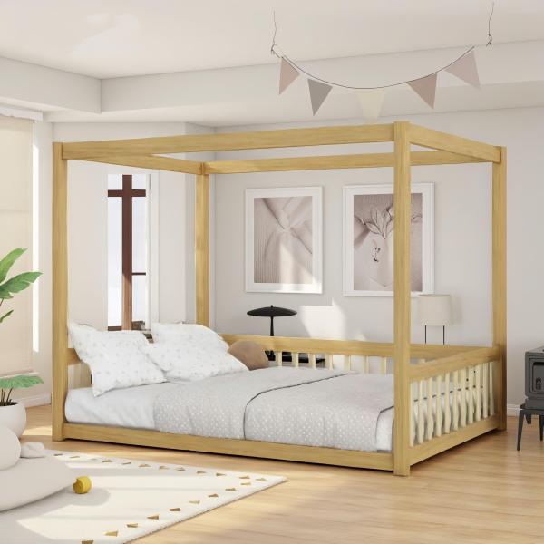 商品名:  MaiDeHaoo Full Size Canopy Platform Bed Frame, Wood Floor Bed Frame with Fence for Girls &amp; Boys, 4-Post Canopy...