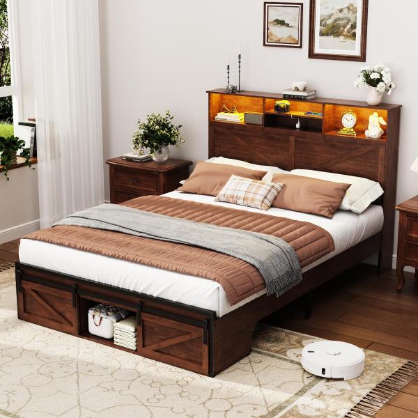 商品名:  Farmhouse Full Bed Frame with Bookcase Storage Headboard, Charging Station and LED Lights, Wood Bed Frame Full Siz...