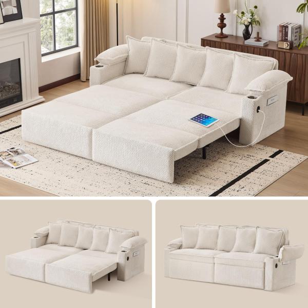 商品名:  SUNWAVE 83" King Size Pull Out Sofa Bed, 4-in-1 Convertible Sleeper Sofa Bed with USB Ports, Cup Holders, Side Poc...