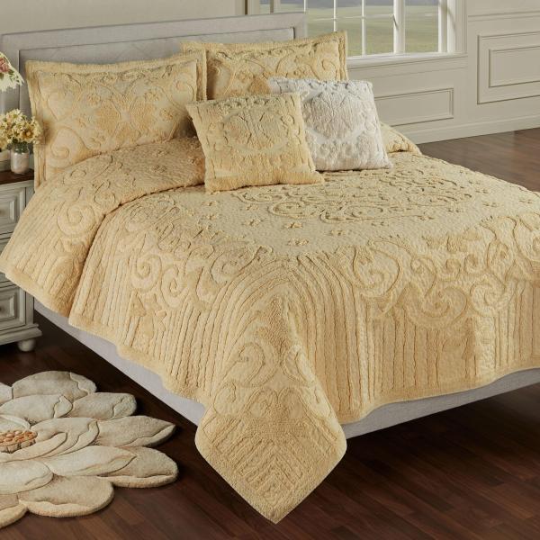 商品名:  Lorenza Pure Cotton Chenille Bedding | Buttercup Yellow | Soft Tufted Scrollwork and Floral Designs | Solid Color ...