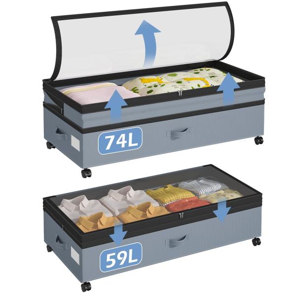 商品名: キャスターと蓋付きのベッド下収納コンテナ 拡張可能な靴 キャスター付き収納ボックス 高さ9.8~10.6インチ ベッドの下の引き出し用 寮 衣類 ブランケット 新築祝いギフト 2個パック グレー Underbed Storage ...