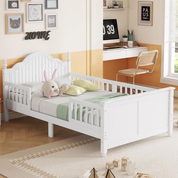 商品名:  Anwick Twin Bed Frame with Headboard and Guardrail for Kids, Modern Platform Bed with Wood Slat Support, Solid Woo...