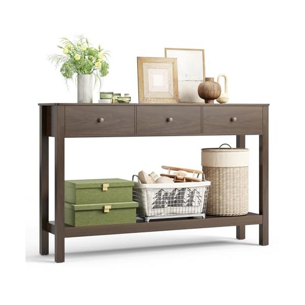 商品名: Gizoon ソファーテーブル 3段引出し付き モダンアクセント コンソールテーブル オープンシェルフ付き 広い収納 リビング 前ホール 玄関ホール 書斎 ダークブラウン Gizoon Sofa Table with 3 Draw...