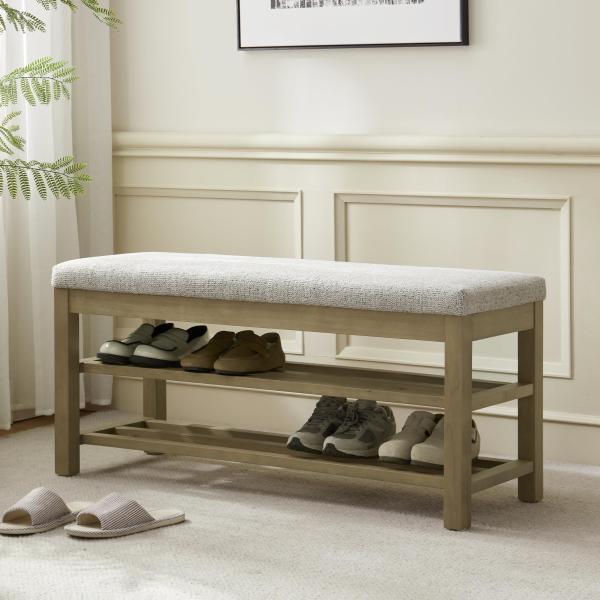商品名:  VKNOW Entryway Bench, 44.3” Upholstered Shoe Bench for Bedroom, 2-Tier Storage End of Bed Bench with Rubberwood Le...