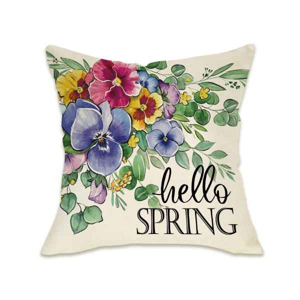 商品名: Fahrendom Hello Spring Pansy フラワー 装飾用クッションカバー 18 x 18インチ、フローラル ユーカリの葉 ポーチ パティオ アウトドア ピローケース 季節のソファ カウチ クッション ケース ホー...