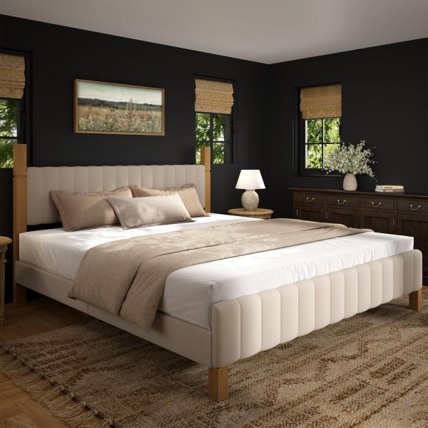 商品名:  Yechen King Size Bed Frame, Wood Bed Frame with Upholstered Headboard, Solid Wood Posts and Feet, No Box Spring Ne...