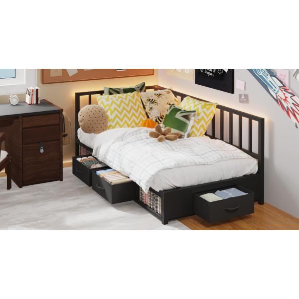 商品名: モダンなコーナー収納ベッドフレーム(ツイン、ブラック) - コンバーチブルソファベッド 引き出し付きキャビネット、本棚、ヘッドボード収納&amp;引き出し付き 小さなスペース用のRGBムードライト内蔵 (ボックススプリング不要) ...